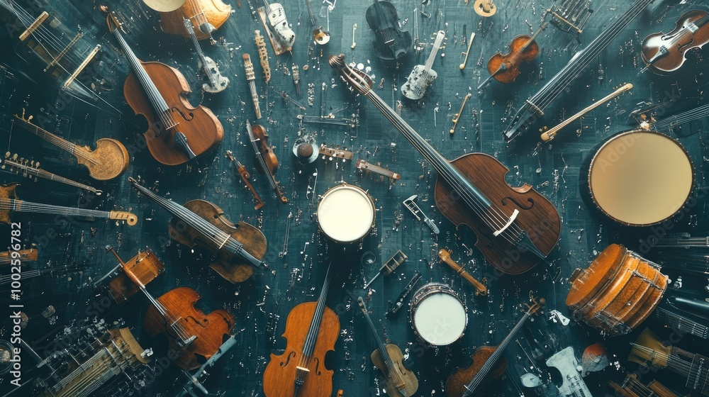 High-res image of a group of international instruments surrounded by ...
