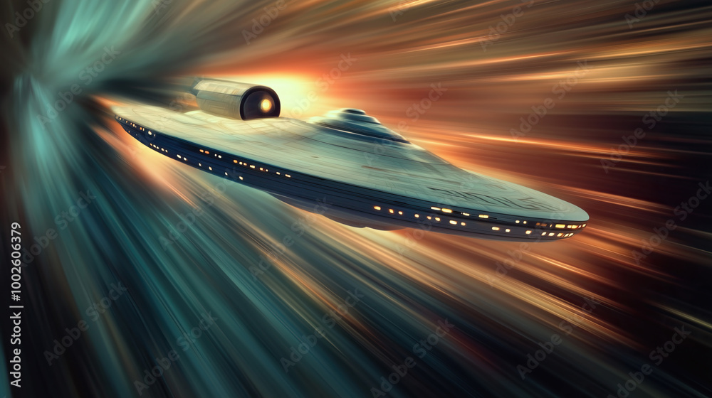 long exposure with motion blur light trail of spaceship flies in space ...