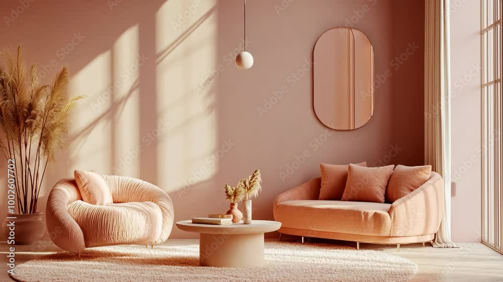 A modern living room with a soft peach color palette features a plush ...