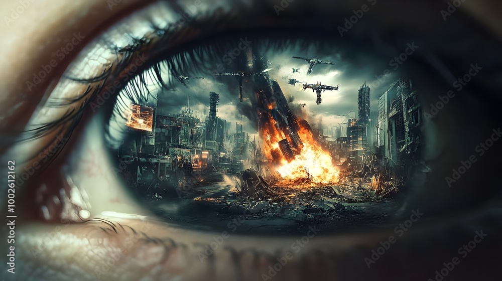 Human eye. In the eye's reflection, depict a futuristic and war-torn ...