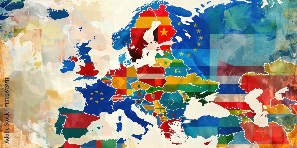 Map with Flags: A map of Europe with country flags overlaying each ...