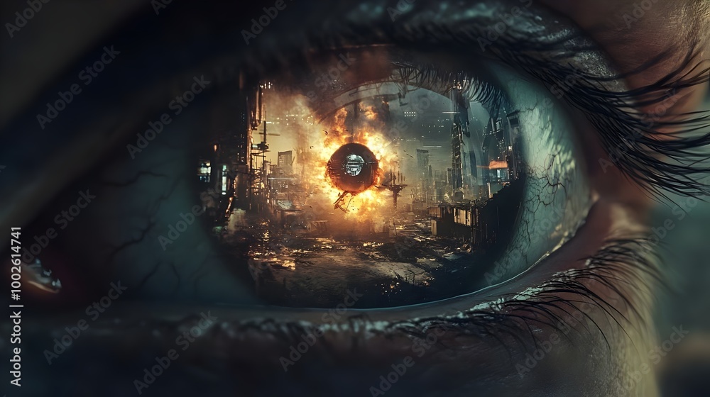 Human eye. In the eye's reflection, depict a futuristic and war-torn ...