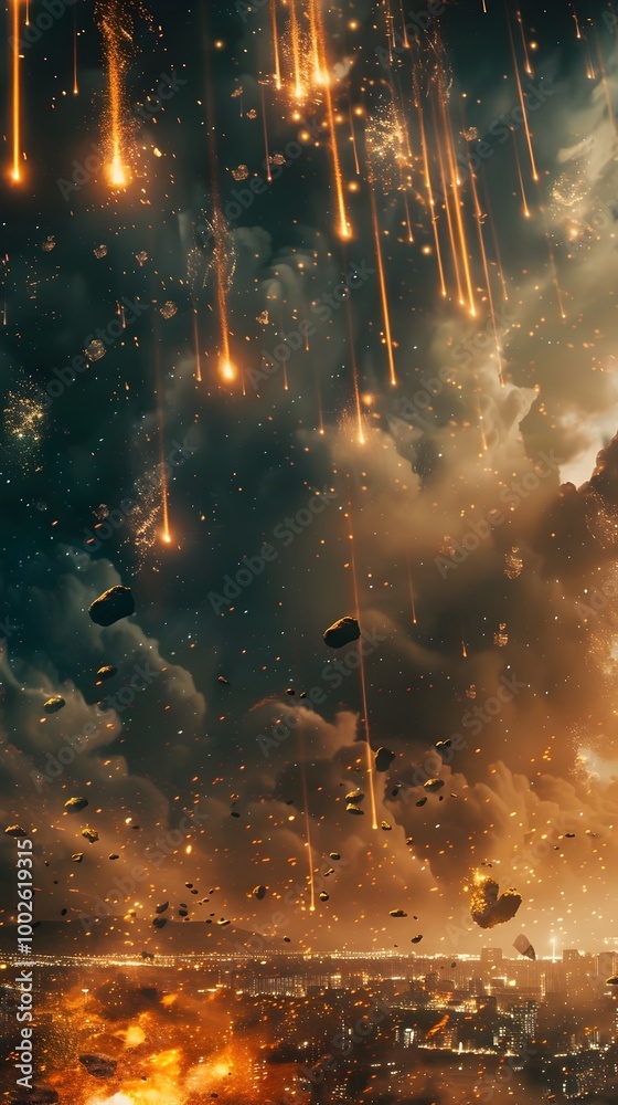 Dramatic Meteor Shower Causing Apocalyptic Destruction in the Sky Stock ...