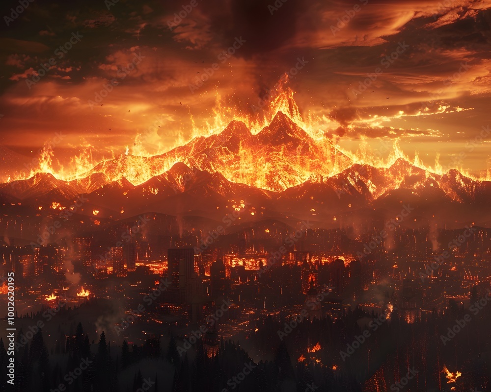 Fiery Apocalyptic Landscape with Burning Forests Cities and Mountains ...