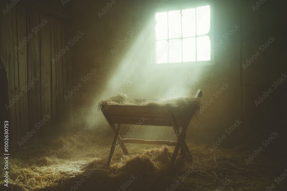 Nativity. Empty wooden cradle with light rays coming through the window ...