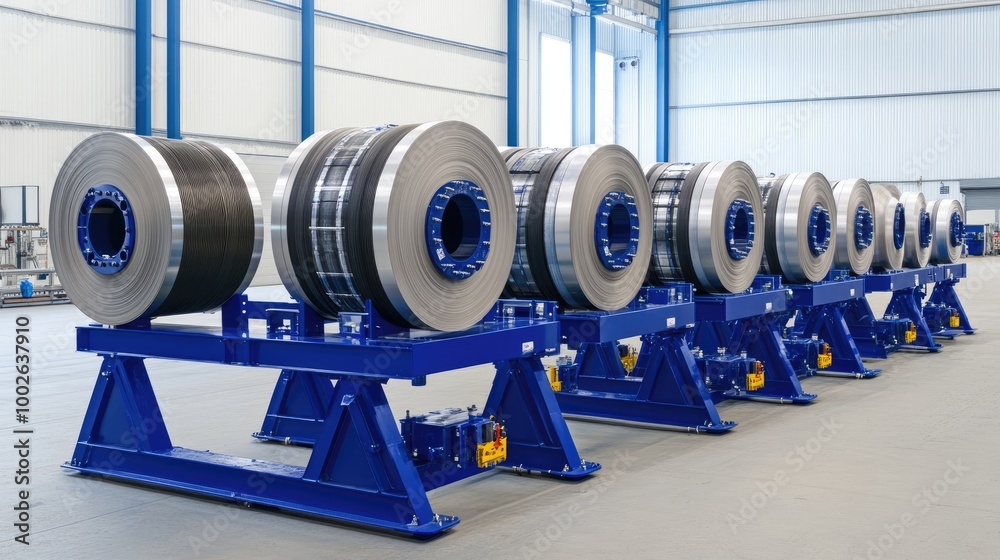 A collection of substantial rolls made from steel and aluminum is ...