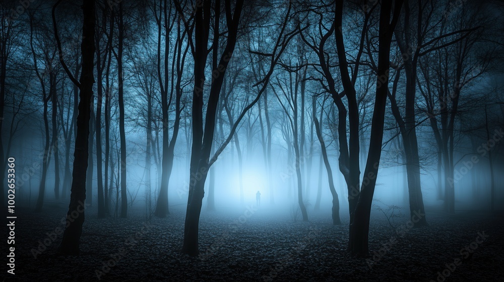 Spooky forest scene at night with eerie fog and ghostly blue lights ...