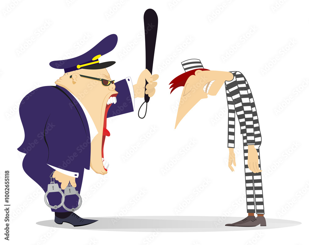 Shouting police officer and prisoner. Kneeling man confessing in ...