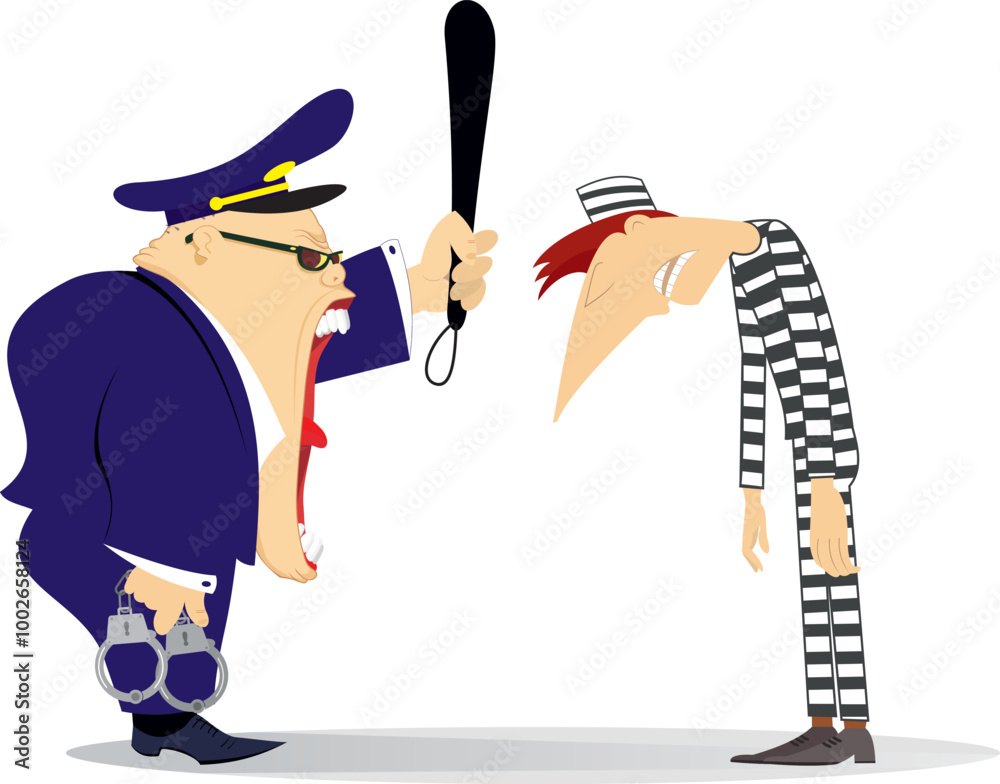 Shouting police officer and prisoner. Kneeling man confessing in ...