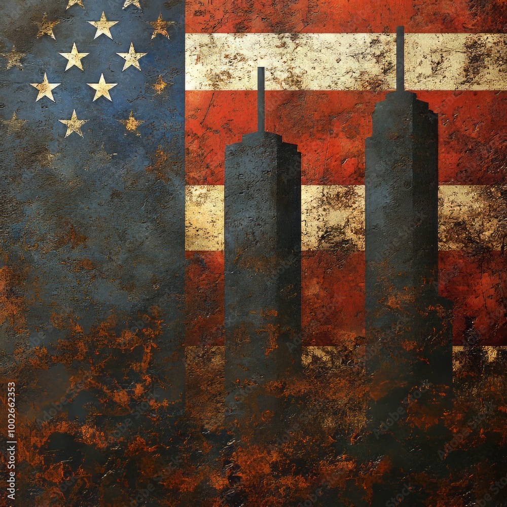 Patriot's Day. The USA flag of the twin towers is depicted on a very rusty metal banner Stock ...