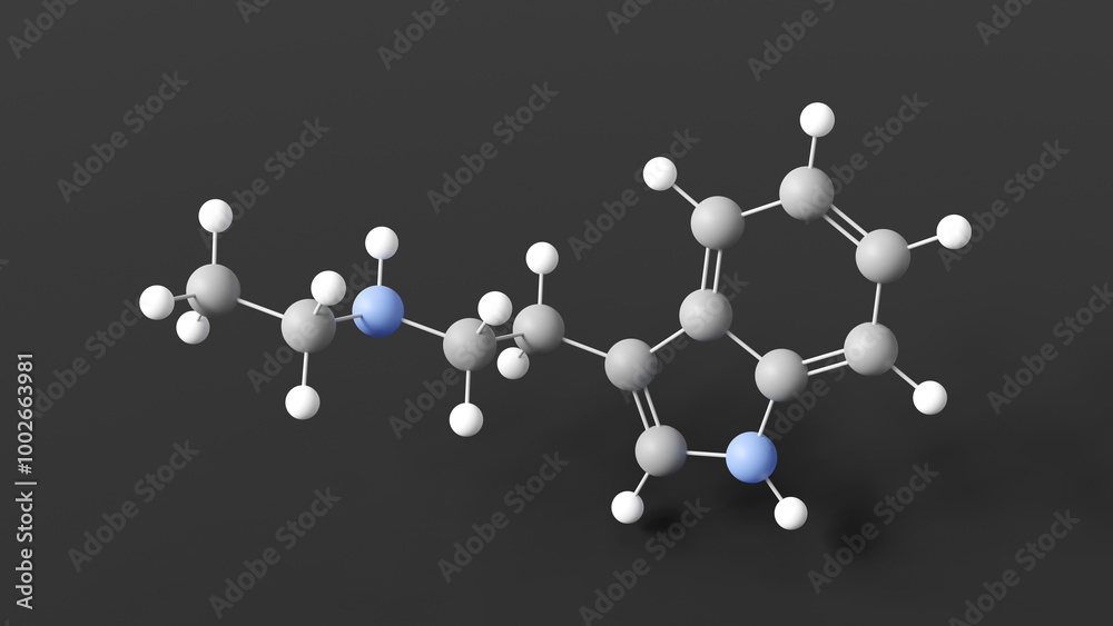 n-ethyltryptamine molecule 3d, molecular structure, ball and stick ...