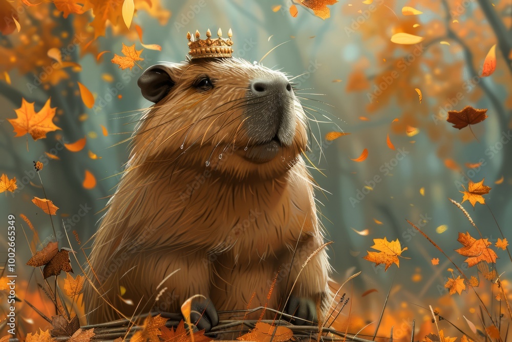 Humorous cartoon illustration of a capybara wearing a tiny crown and ...