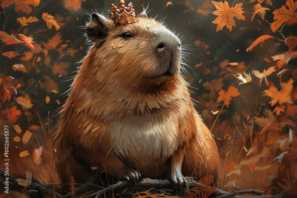 Humorous cartoon illustration of a capybara wearing a tiny crown and ...