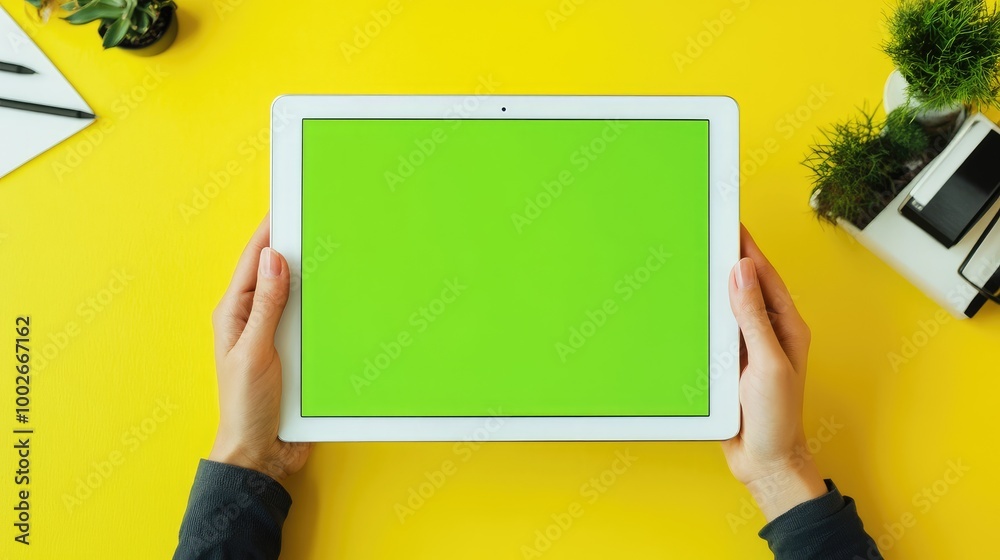 A student hands using an iPad with a green screen mockup, set in a ...