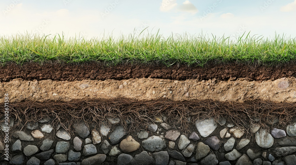 Grass and earth cross-section with distinct layers of topsoil, subsoil ...
