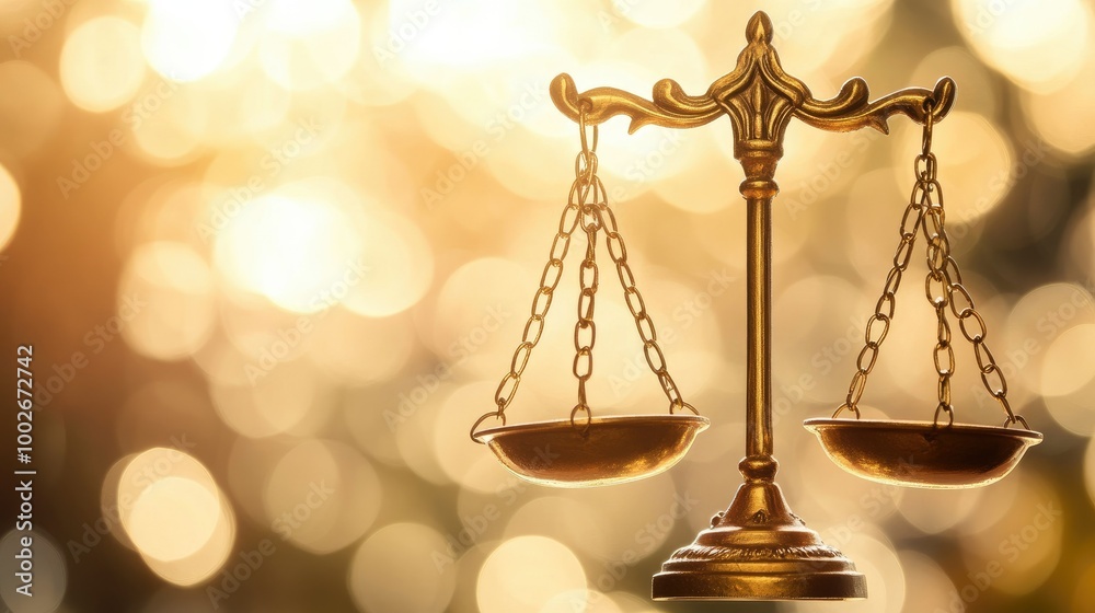 Iconic balance scales of justice, shown in close-up with a soft focus ...