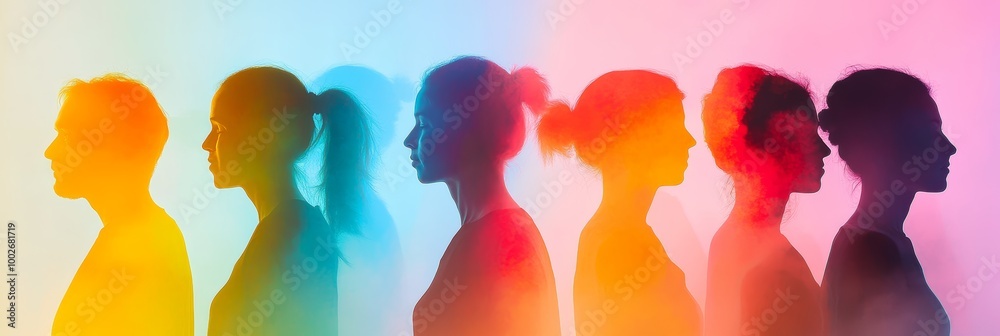 Two groups of men and women in silhouette with vibrant overlapping ...
