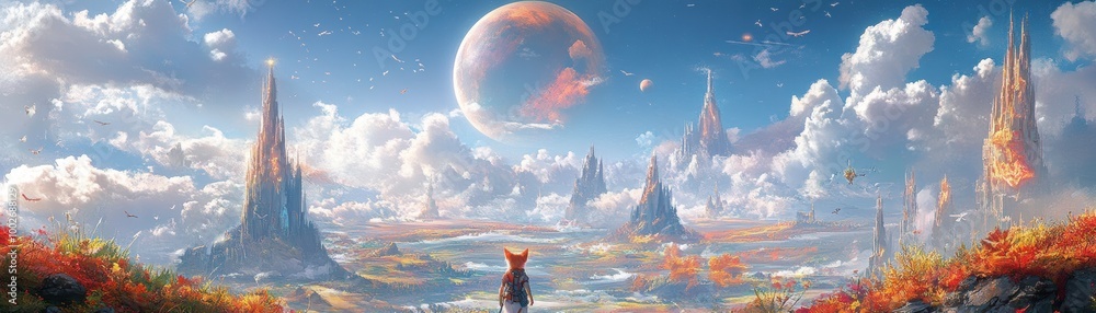 Imagine a mesmerizing illustration featuring a panoramic view cat ...