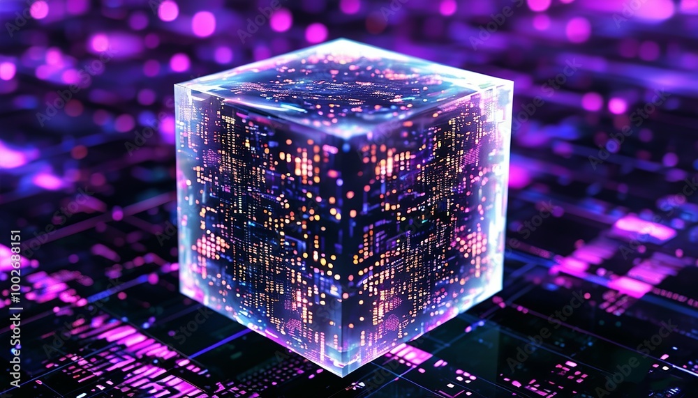 3D Abstract A translucent cube with integrated microchips, suspended in ...