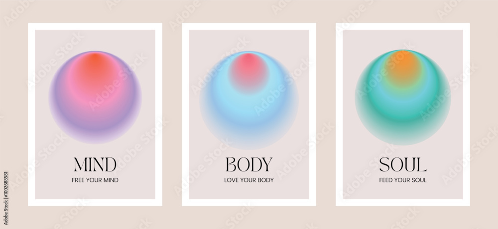 Spiritual poster set: mind, body, soul harmony. Round aura gradient and ...