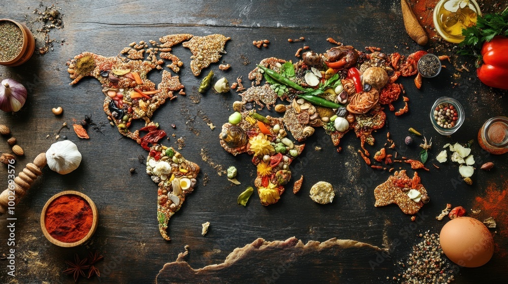 A map of the world made from various food ingredients, showcasing the ...