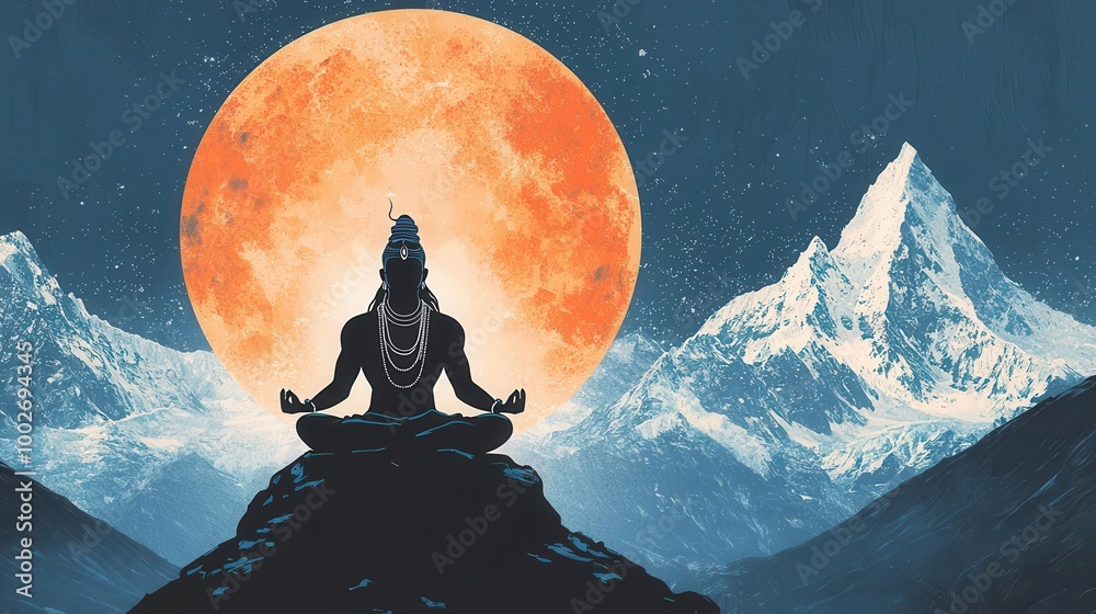 Shiva meditating on Mount Kailash, surrounded by a serene snowcapped ...
