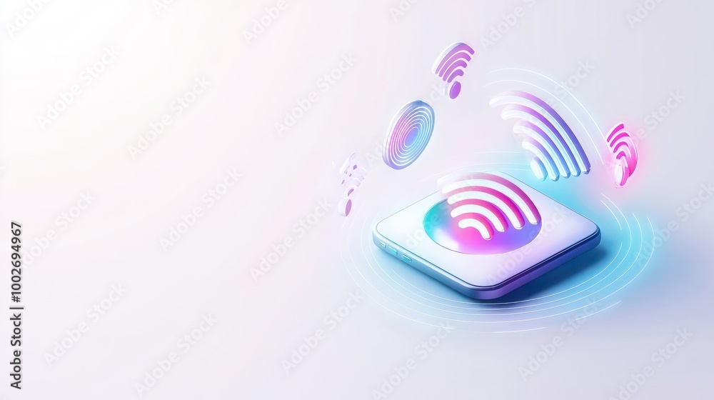 Abstract tech icons like Wi-Fi, Bluetooth, and NFC floating on a white ...