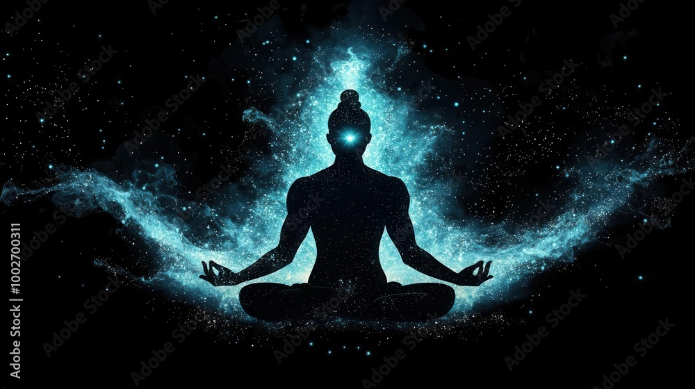 Shiva seated in lotus pose, eyes closed, cosmic energy flowing through ...