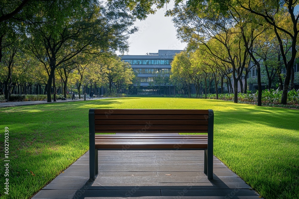 bench trees lawn green park office Modern building complex commercial ...