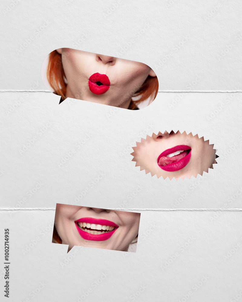 Collage. Three female mouths inside speech bubbles, one puckering lips ...