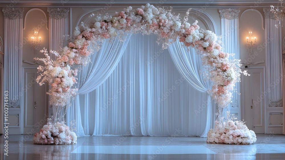 Ornate floral arch backdrop with elegant curtains and lighting fixtures ...