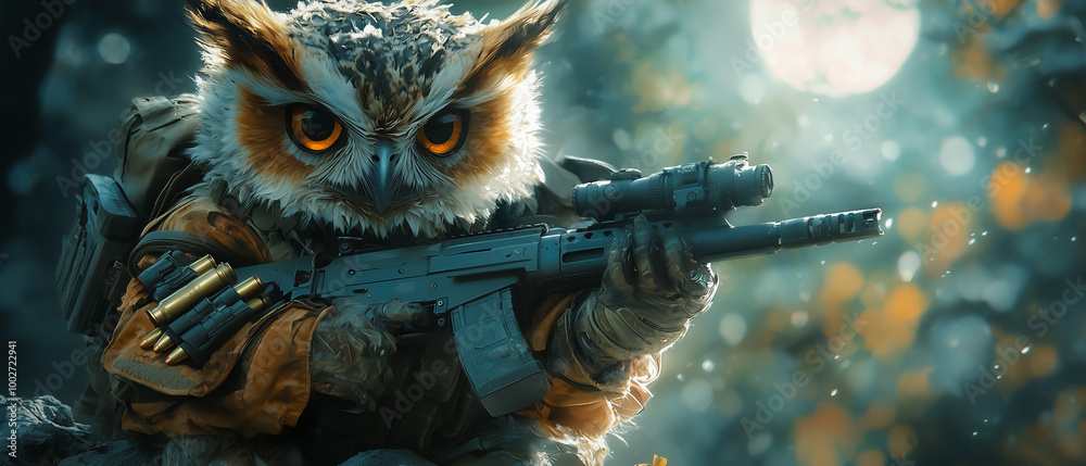 Poster A combat-ready owl wearing tactical gear, equipped with an ...