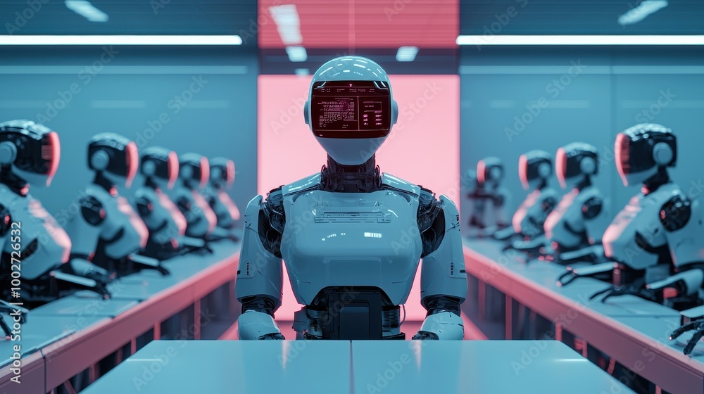 Factory of the future with AI-powered machines producing goods ...