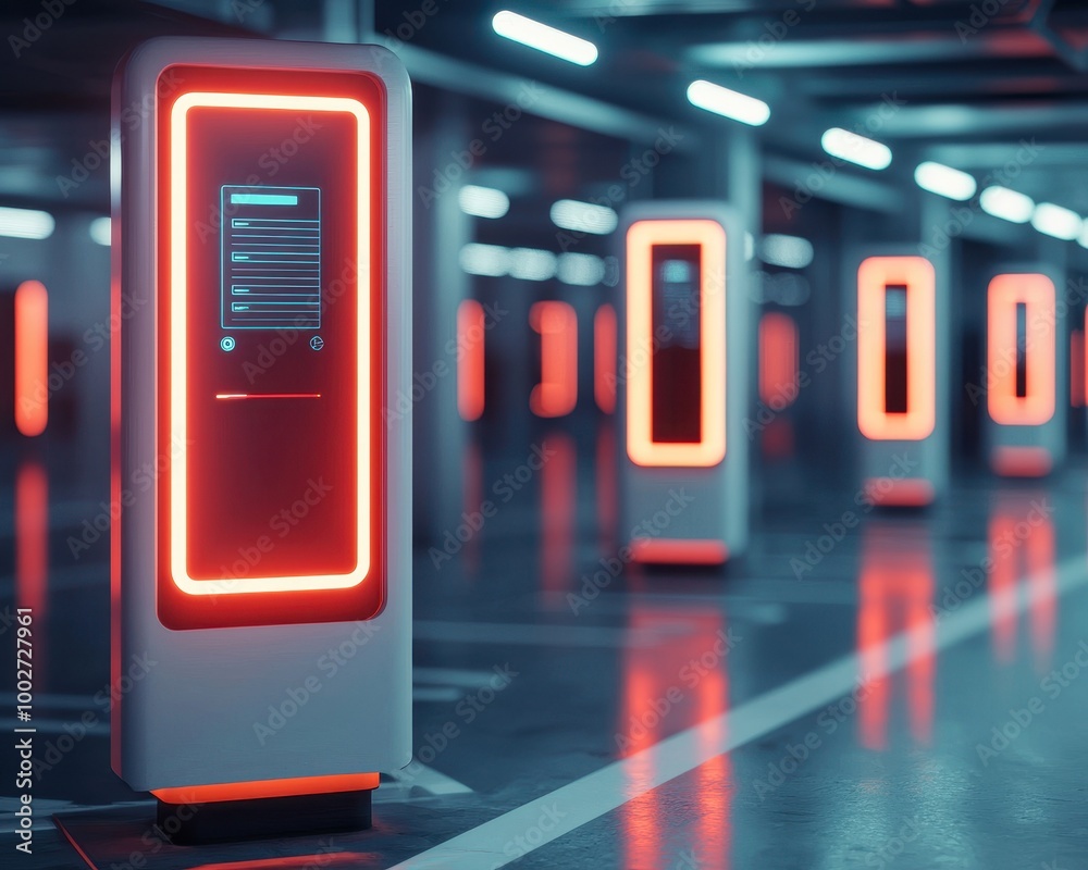 Futuristic smart parking lot with interactive digital kiosks, wireless ...