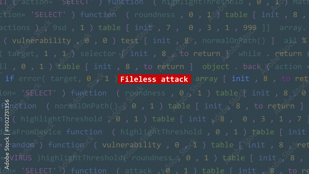 Cyber attack fileless attack text in foreground screen of code editor developer studio point of ...