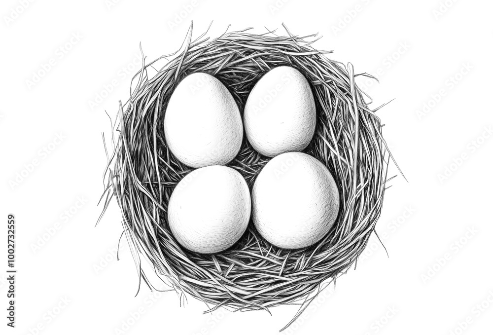 Nest with eggs, sketch. Vintage retro print, hand-drawn illustration ...