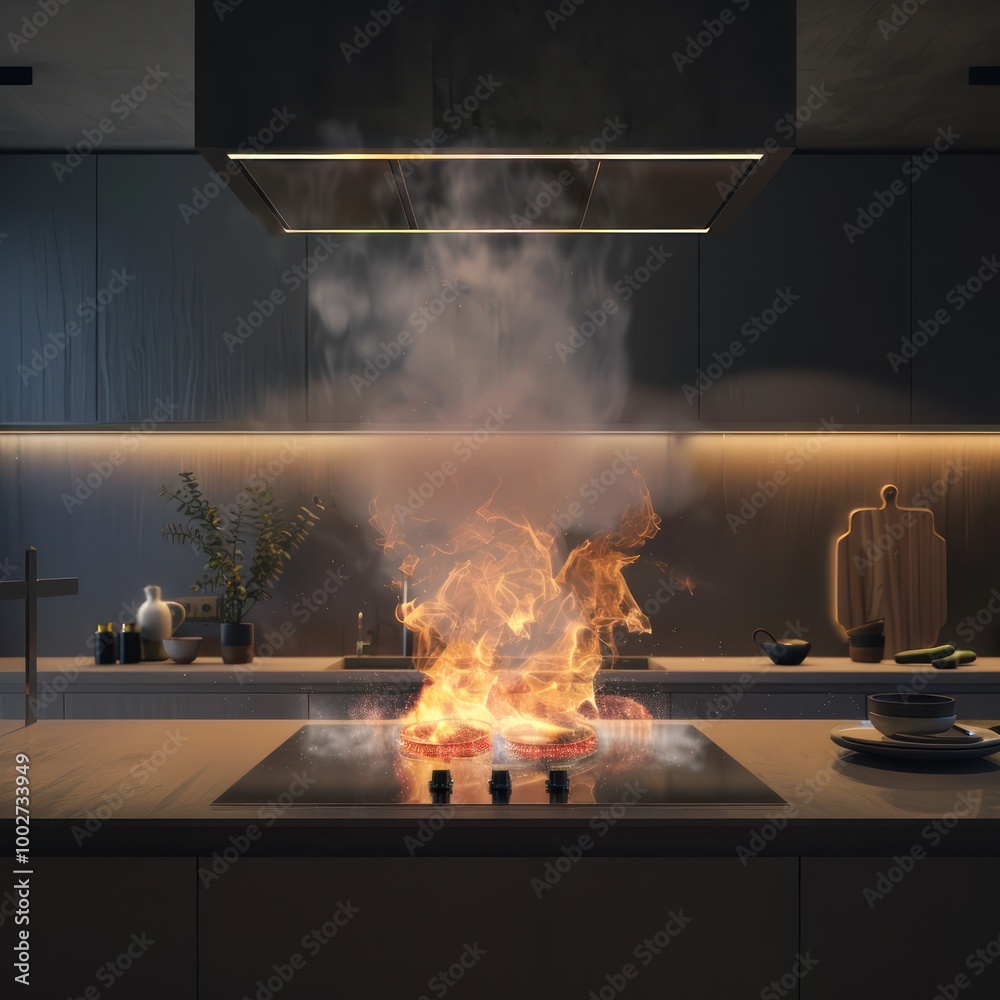 Modern kitchen scene features open flame burning on stovetop consuming ...