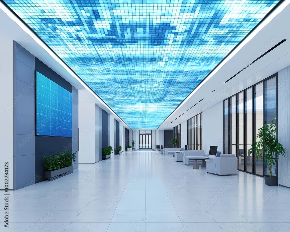 High-tech workspace with a digital ceiling projecting calming visuals ...