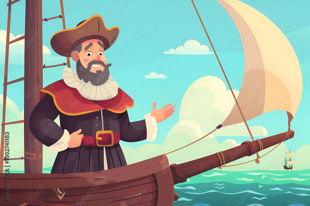 Animated Columbus Day scene featuring a captain on a ship sailing the ...
