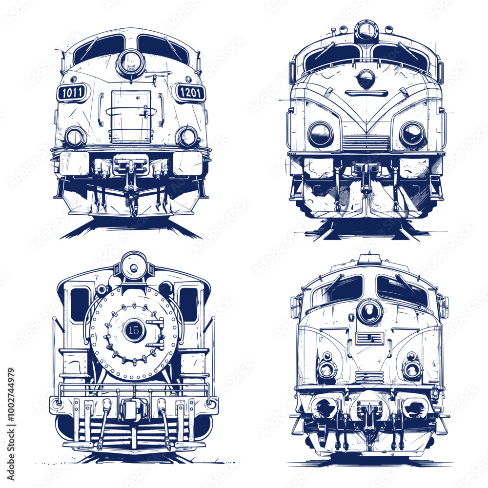 Trains sketches set. Locomotive train front view, railway transport ...