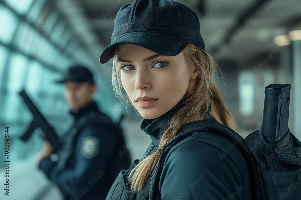A female law enforcement officer in a black uniform and cap, wearing a ...