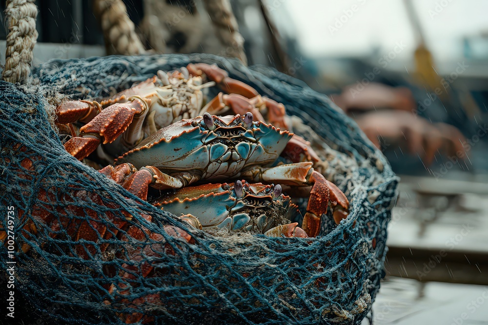 gritty close-up scene of several crabs tangled in old, worn fishing net ...