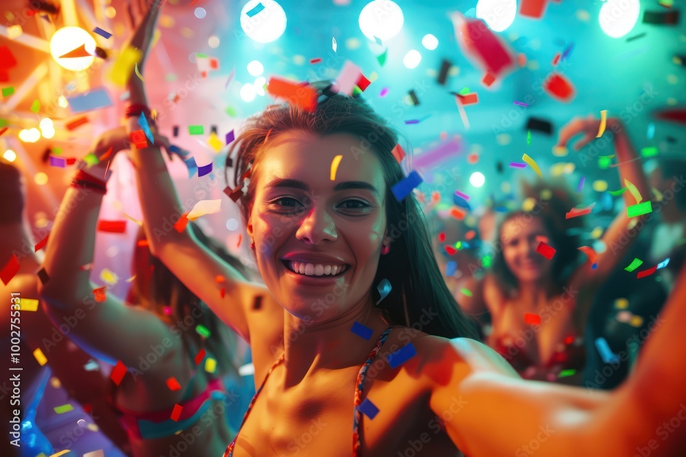 Joyful party scene at nightclub dance floor. Young woman in bikini ...