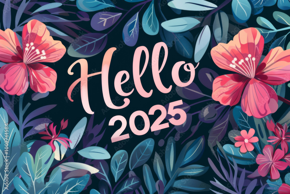Hello 2025 message on moody floral New Year celebration botanical ...