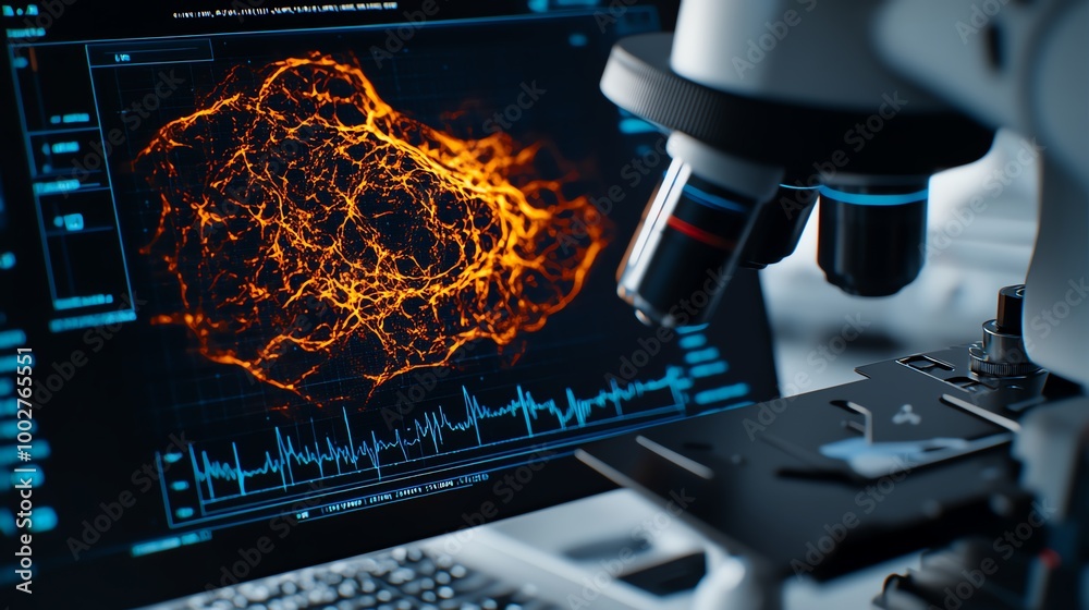 Microscopic view of cells under examination, with a highresolution ...