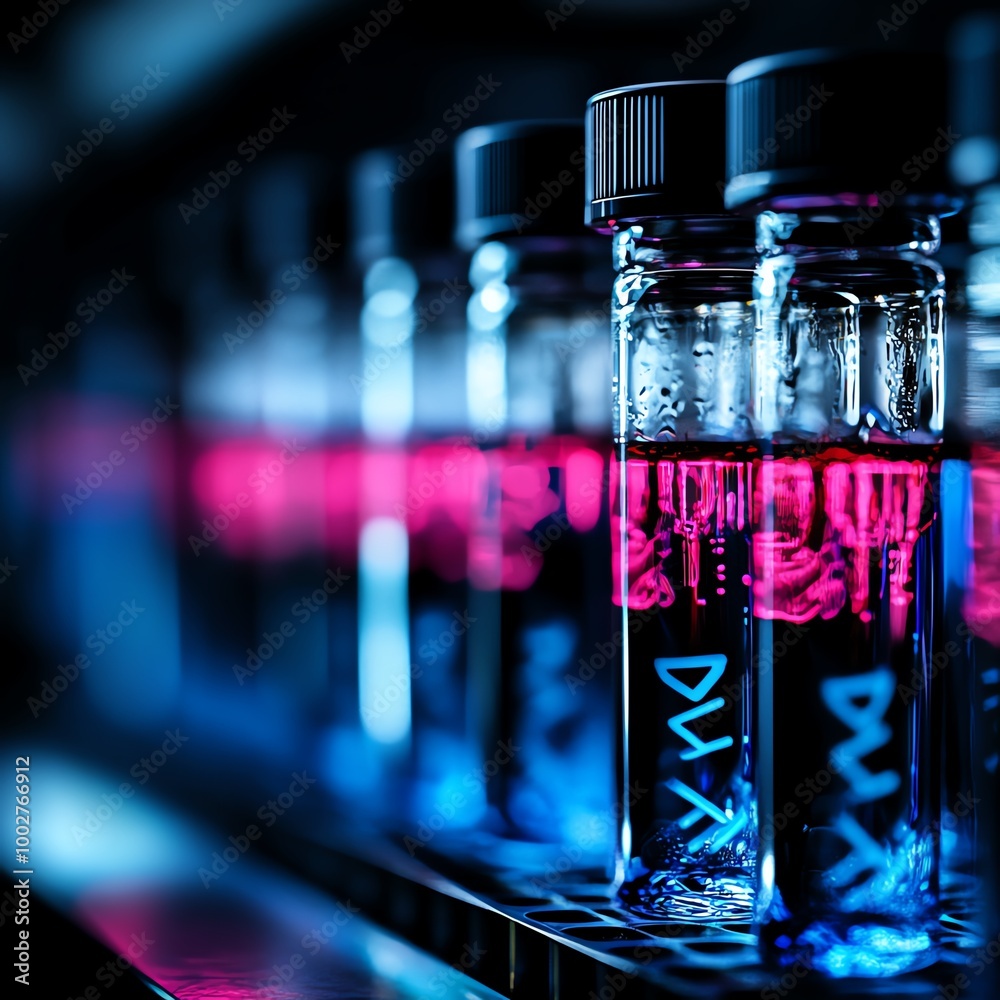 Biological lab with liquid samples under UV light, vibrant fluorescent ...