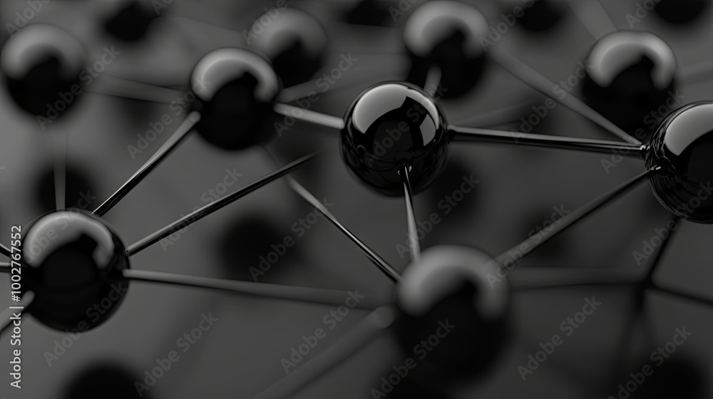 Black spheres linked by lines, illustrating nodes and connections in network planning ...