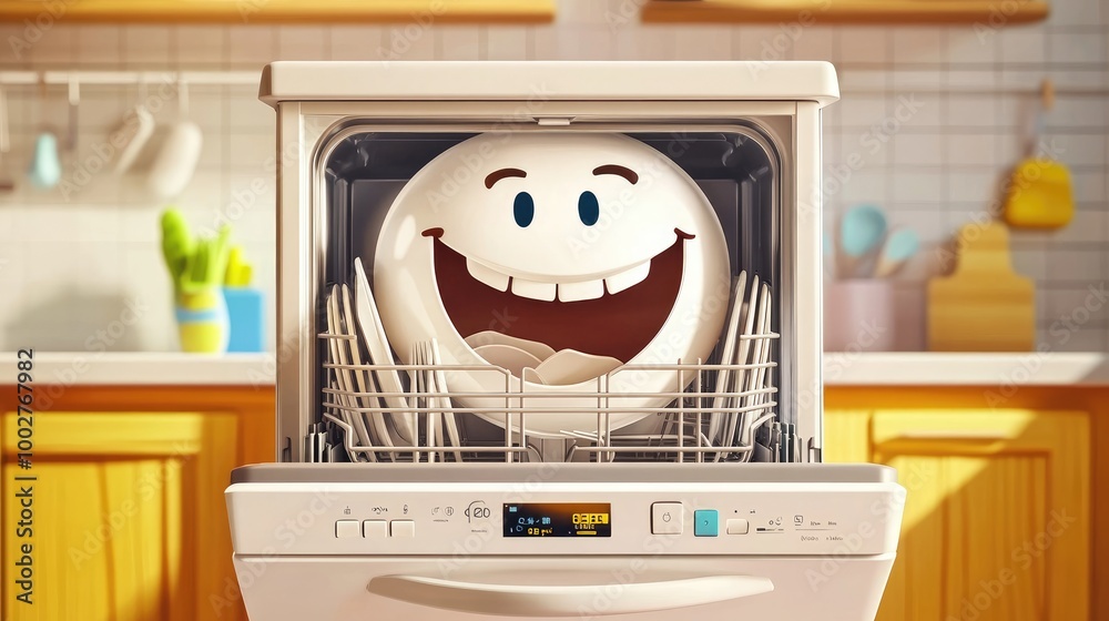 Proud cartoon dishwasher with a big grin, showing off its sparkling ...