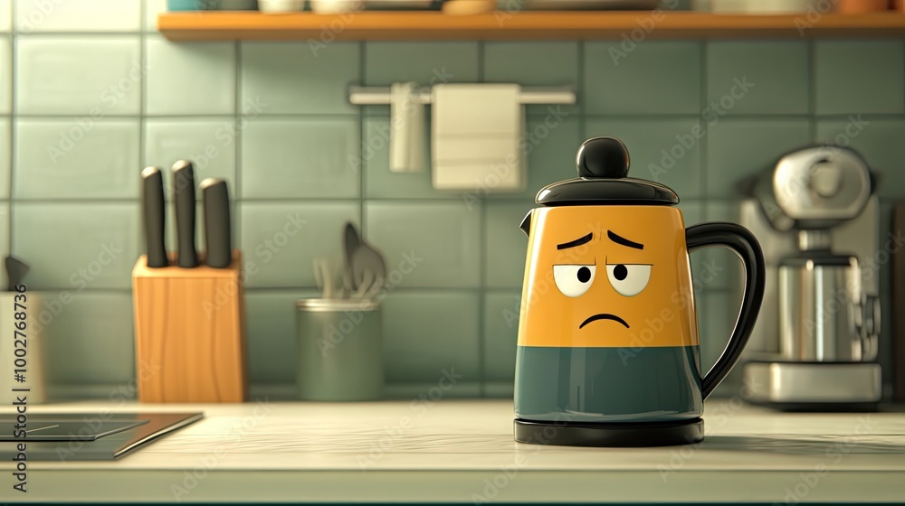 Sad cartoon coffee pot, half-empty, looking dejected in a quiet kitchen ...