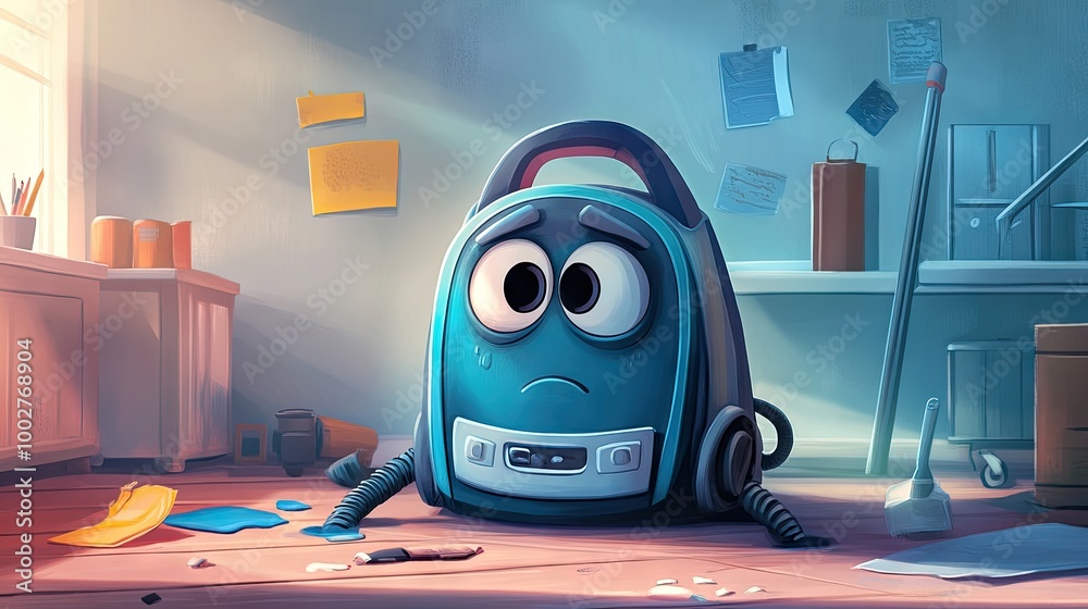 Sad cartoon vacuum cleaner with droopy eyes, sitting unused in a messy ...